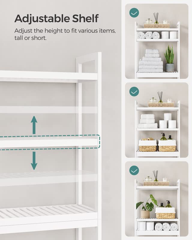 SONGMICS Over The Toilet Storage, 3-Tier Bamboo Over Toilet Bathroom Organizer with Adjustable Shelf, Fit Most Toilets, Space-Saving, Easy Assembly, White UBTS01WT