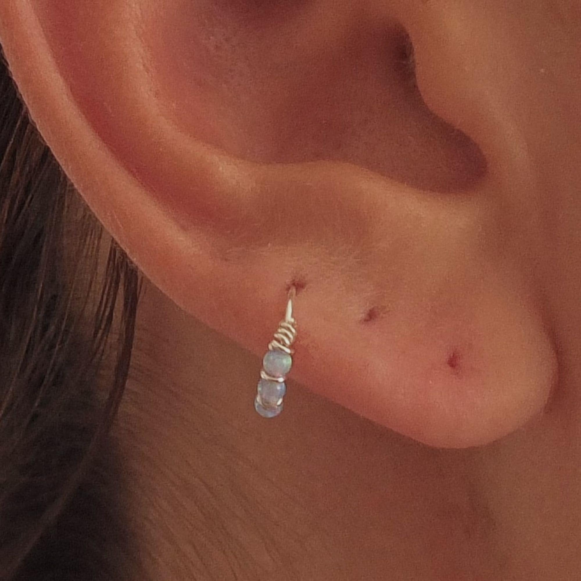 Handmade Silver Single 10MM Cartilgae Helix Piercing Hoop Earring with Trio Blue Opal, 925 Sterling Silver Very Small 10MM Thin 22Gauge Hoop for women, By Miya Jewelry