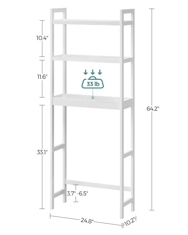 SONGMICS Over The Toilet Storage, 3-Tier Bamboo Over Toilet Bathroom Organizer with Adjustable Shelf, Fit Most Toilets, Space-Saving, Easy Assembly, White UBTS01WT