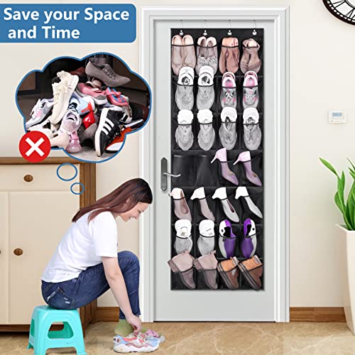 MISSLO 2 Pack 28 Large Pockets Hanging Shoe Rack Door Shoe Organizer Hanging Shoe Storage Hanger for Closet Mesh Holder, Black, White