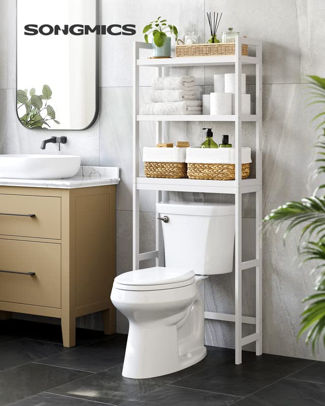 SONGMICS Over The Toilet Storage, 3-Tier Bamboo Over Toilet Bathroom Organizer with Adjustable Shelf, Fit Most Toilets, Space-Saving, Easy Assembly, White UBTS01WT