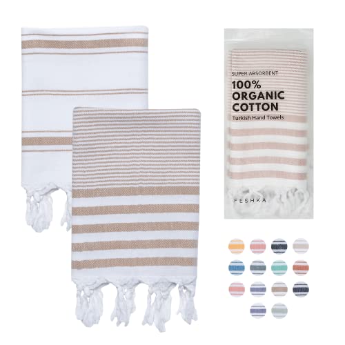 FESHKA Turkish Hand Towels Set of 2-100% Organic Cotton, 18x32 Prewashed Super Absorbent Peshtemal Towel for Hand, Kitchen, Face, Hair, Gym, Dishcloth, Yoga, Tea, Farmhouse Boho Decor (Brown)