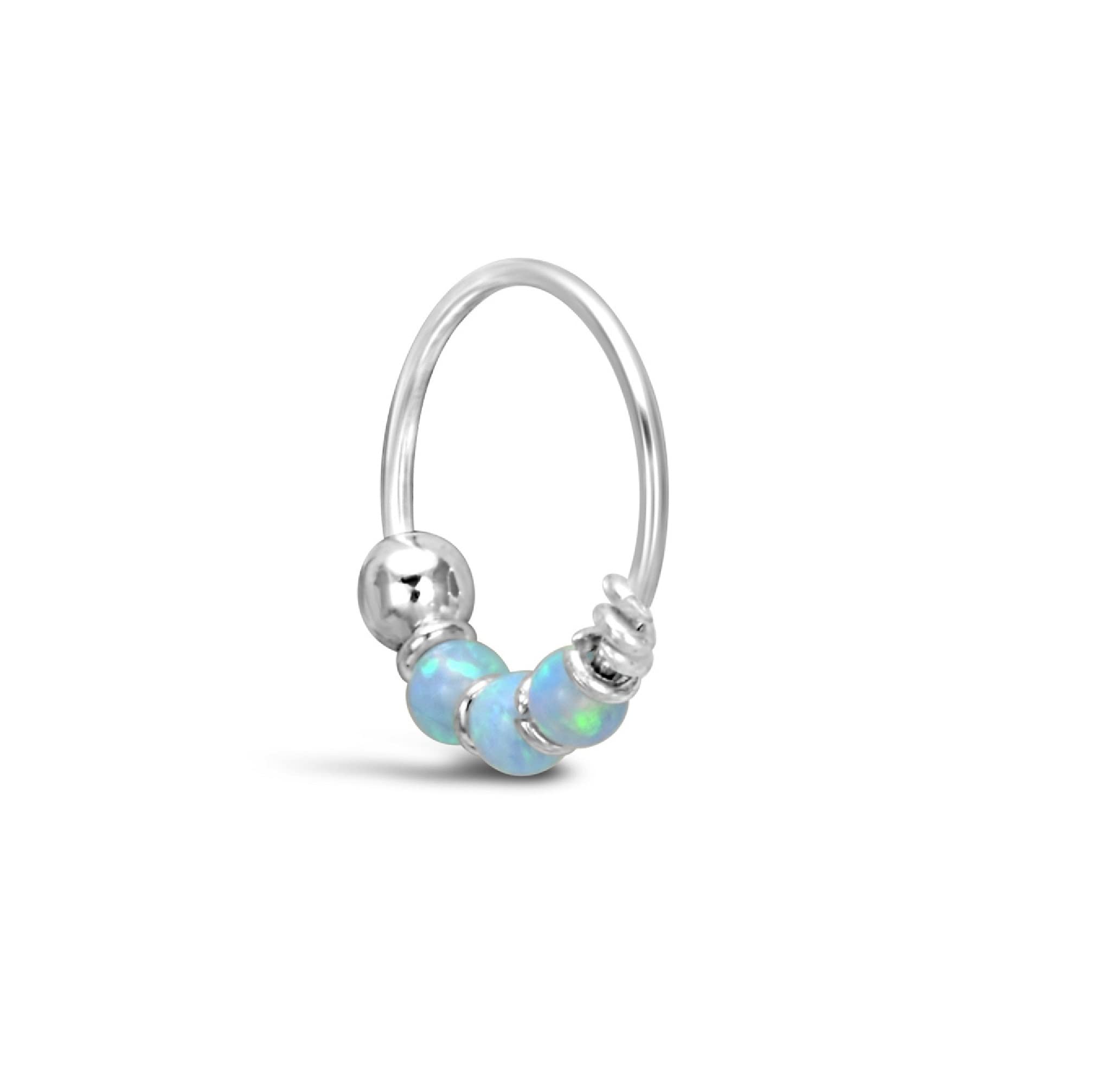 Handmade Silver Single 10MM Cartilgae Helix Piercing Hoop Earring with Trio Blue Opal, 925 Sterling Silver Very Small 10MM Thin 22Gauge Hoop for women, By Miya Jewelry