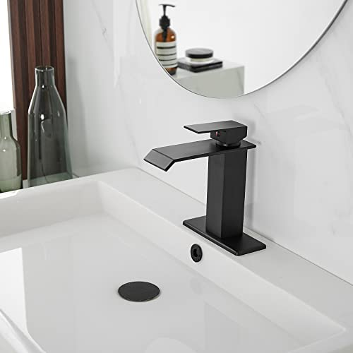 BWE Black Bathroom Faucet Modern Waterfall Matte Black Bathroom Sink Faucet Single Hole with Pop Up Drain Parts Spout Bath Lavatory Vanity Stopper Overflow and Supply Hose Single Handle