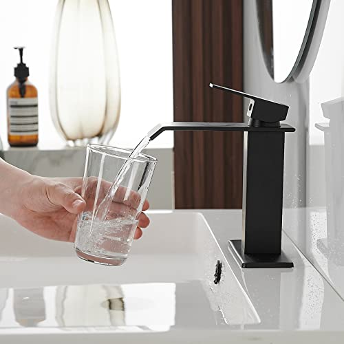 BWE Black Bathroom Faucet Modern Waterfall Matte Black Bathroom Sink Faucet Single Hole with Pop Up Drain Parts Spout Bath Lavatory Vanity Stopper Overflow and Supply Hose Single Handle