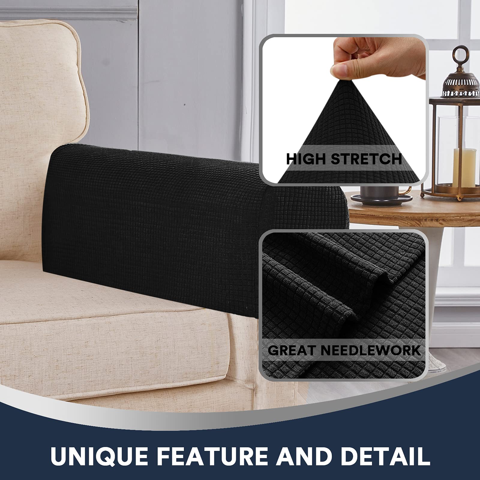 Stretch Sofa Armrest Covers Spandex Jacquard Arm Covers for Chairs and Sofas Anti-Slip Couch Armrest Covers with Sticker Furniture Armrest Protector for Sofa Couch Chair Recliner, Set of 2, Black