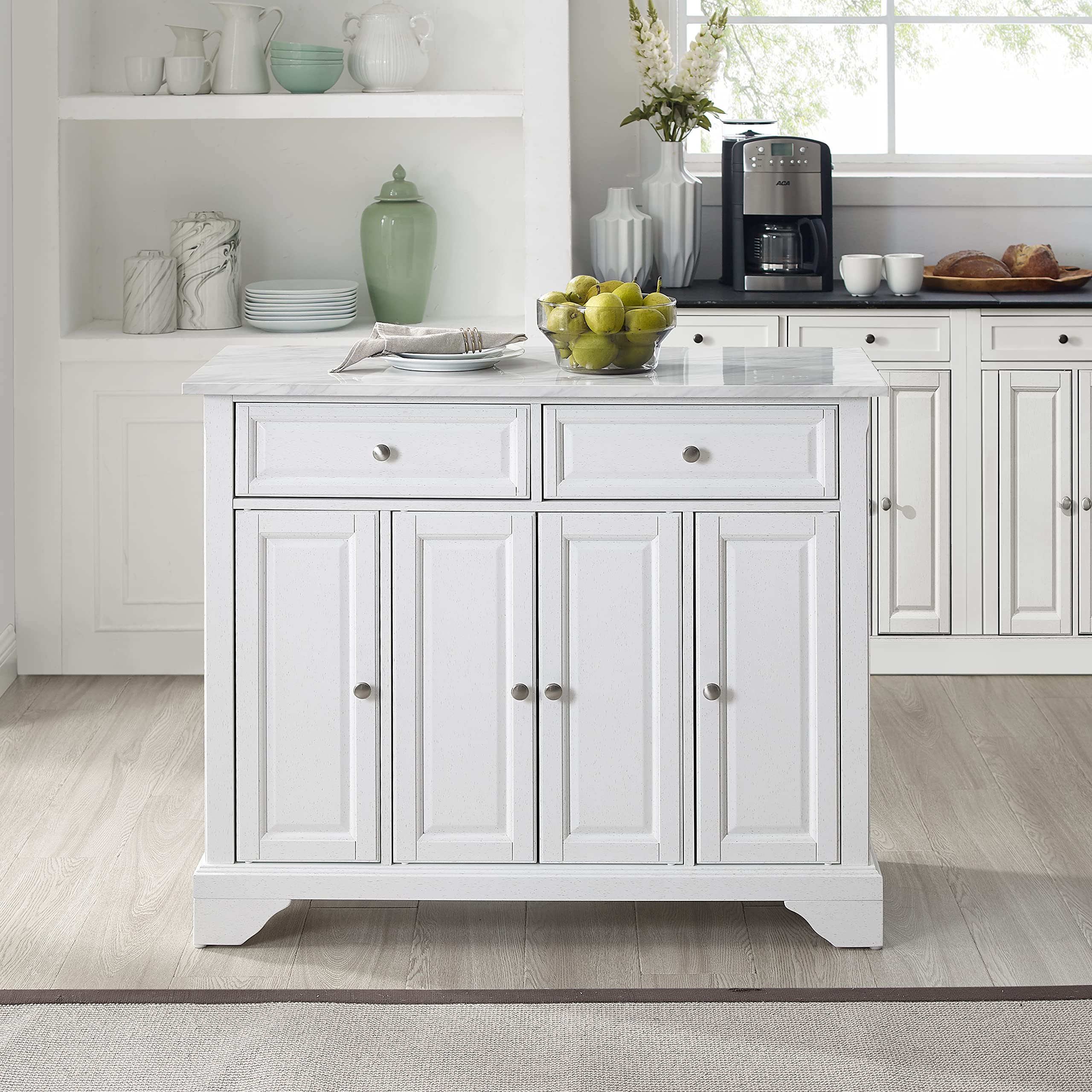 Crosley Furniture Avery Rolling Kitchen Island Storage Cart with Shelves, Microwave Stand, Coffee Bar, Distressed White