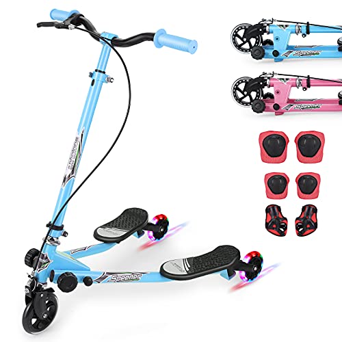 3 Wheels Swing Scooters Foldable Wiggle Drifting, 4-Level Adjustable Height Speeder Scooter for Boys (LED Blue)