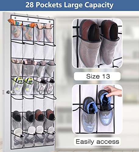 MISSLO 2 Pack 28 Large Pockets Hanging Shoe Rack Door Shoe Organizer Hanging Shoe Storage Hanger for Closet Mesh Holder, Black, White