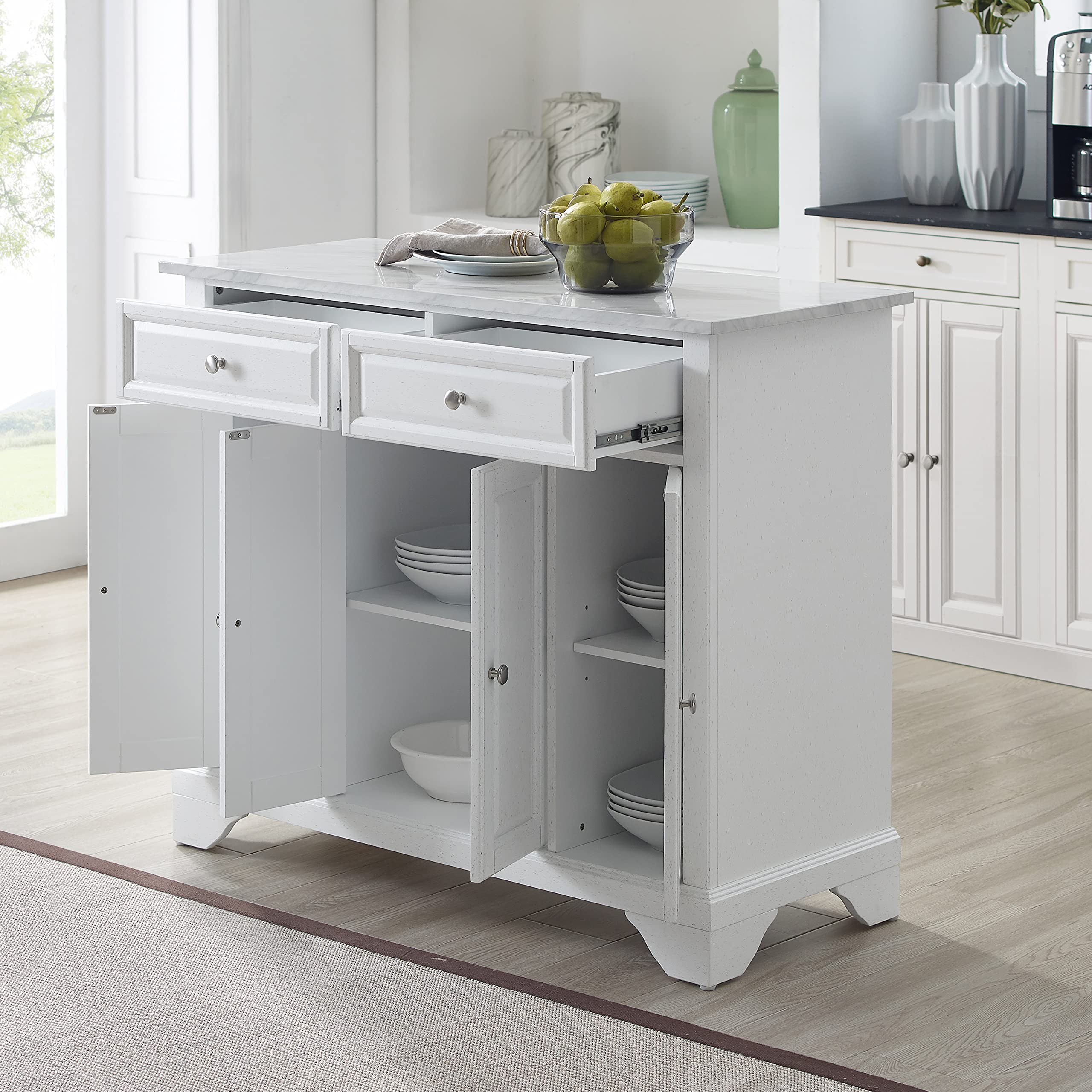 Crosley Furniture Avery Rolling Kitchen Island Storage Cart with Shelves, Microwave Stand, Coffee Bar, Distressed White