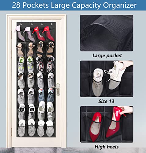 MISSLO 2 Pack 28 Large Pockets Hanging Shoe Rack Door Shoe Organizer Hanging Shoe Storage Hanger for Closet Mesh Holder, Black, White