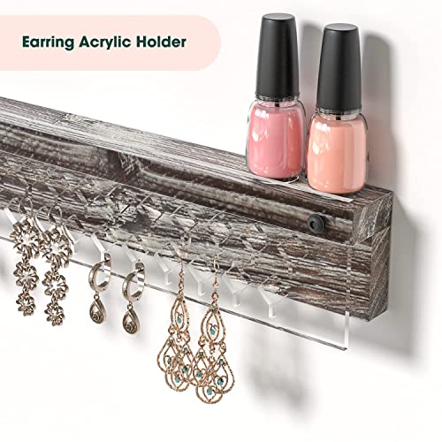 J JACKCUBE DESIGN Wall Mount Necklace Holder Jewelry Hanger with 23 Hook Necklace & Bracelet Racks, Rustic Farmhouse Wood Earring Display with Clear Acrylic - MK585A