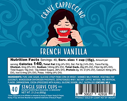 Crave Beverages Cappuccino Pods, French Vanilla Cap for Keurig K Cup Brewers, 40 Count