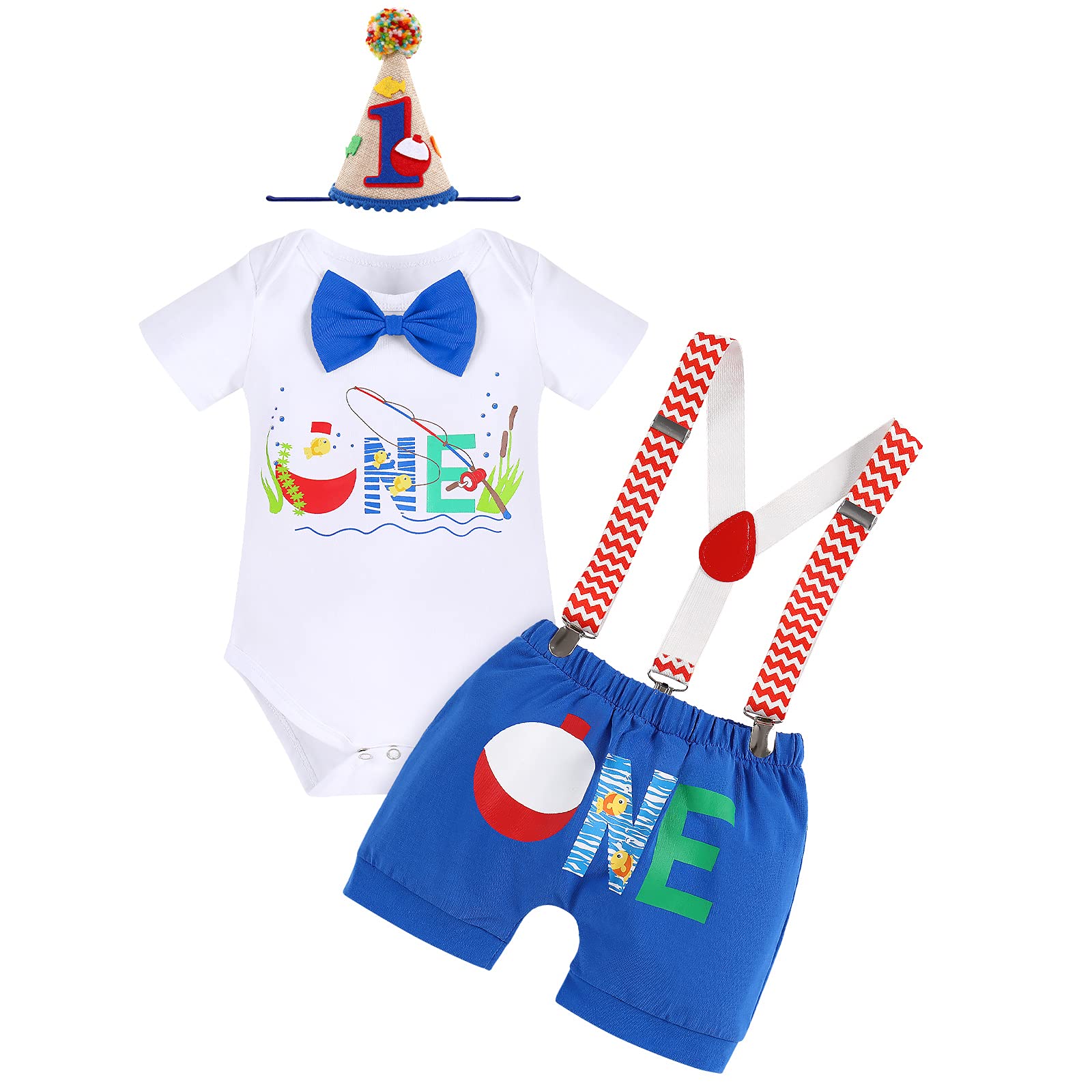 The Big One Birthday Outfit Baby Boys Bowtie Romper Suspenders Shorts Hat Gone Fishing Themed First Birthday Party Supply O-Fish-Ally One Cake Smash Photo Shoot # Royal Blue - Fish One 12-18 Months