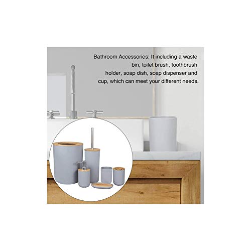 Laipi Bamboo Wooden Bathroom Accessories Set, 6 cs Gift Set Toilet Brush, Soap Dispenser, Waste Bin, Toothbrush Holder, Soap Dish Cup Set
