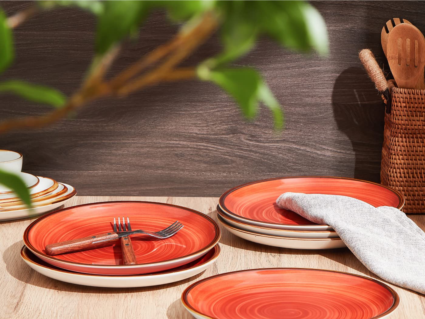 ONEMORE Dinner Plate, 10.5 Inch Porcelain Dinnerware Set/Oven, Dishwasher and Microwave Safe/Farmhouse Style/Stackable and Easy to Clean (Set of 6, Red)