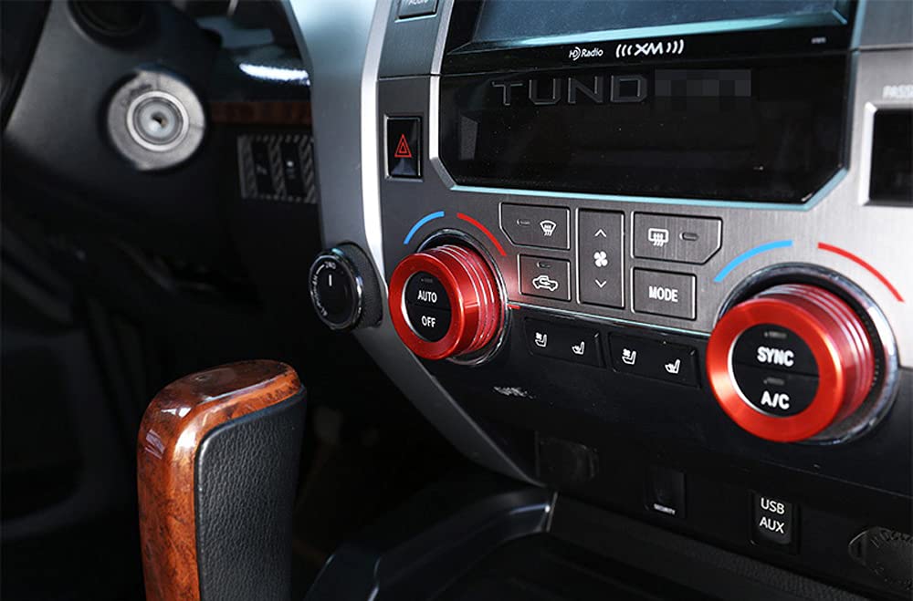 iJDMTOY 5pc-Set Red Aluminum Air Conditioner Stereo Volume/Tune 2WD/4WD Switch Turner Ring Covers Compatible with 2017-2021 Toyota Tundra w/ 2-AC Center Console