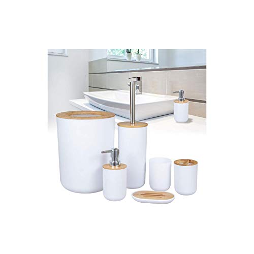 Laipi Bamboo Wooden Bathroom Accessories Set, 6 cs Gift Set Toilet Brush, Soap Dispenser, Waste Bin, Toothbrush Holder, Soap Dish Cup Set