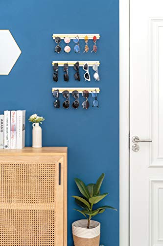 Mkono Wall Mounted Sunglasses Storage Organizer Wood Modern Simple Eyeglasses Display Holder Eyewear Glasses Jewelry Headband Hanging Rack for Entryway Living Room Bedroom, 3 Pack, White