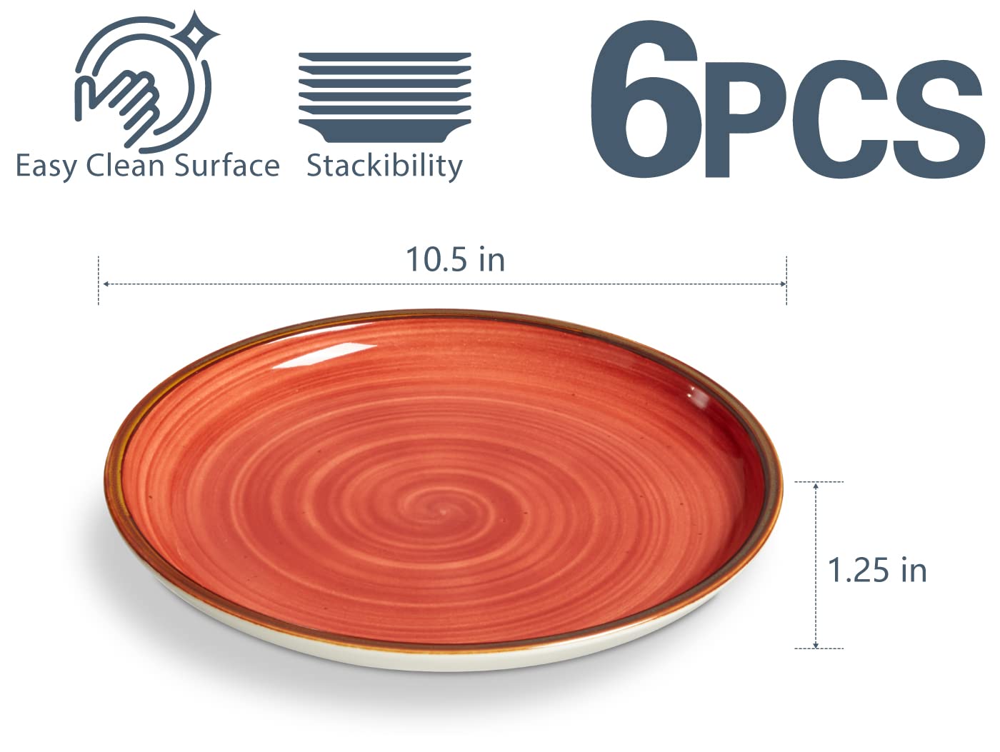 ONEMORE Dinner Plate, 10.5 Inch Porcelain Dinnerware Set/Oven, Dishwasher and Microwave Safe/Farmhouse Style/Stackable and Easy to Clean (Set of 6, Red)