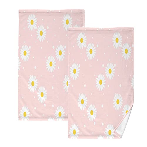Pink Daisy Hand Towels Set of 2, Highly Absorbent Soft Cotton Face Towels Bathroom Decorative Towel for Beach Gym Spa Shower, 16x28In