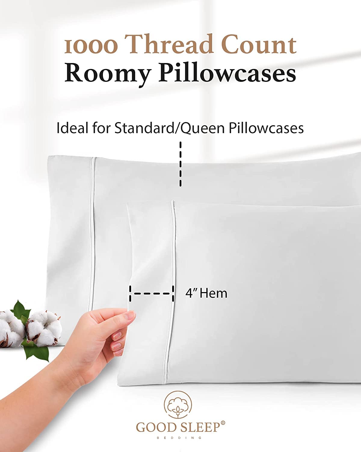 1000 TC White Standard Pillowcases Set of 2 100% Egyptian Cotton Pillow Cases with Long Staple Cotton & Sateen Weave, Silky Soft Hotel - Like Bed Pillow Covers for Comfy Sleeping, Snug Fit