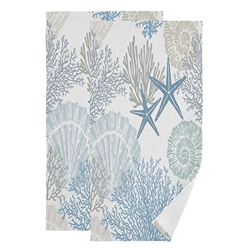 SHUSTARY 2 Pack Beach Theme Hand Towels for Bathroom,Coastal Blue Grey Starfish Seashell Coral Ocean Marine Soft Absorbent Kitchen Towels Decorative Hand Bath Towels for Shower,Face,Gym,Spa 14"x28"