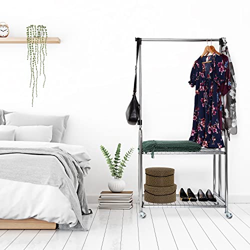 Seville Classics Closet Garment Organizer with Metal Hanging Rod Wardrobe Storage System w/Steel Shelves for Clothes, Shirts, Jackets, Coats, Blankets, Shoes