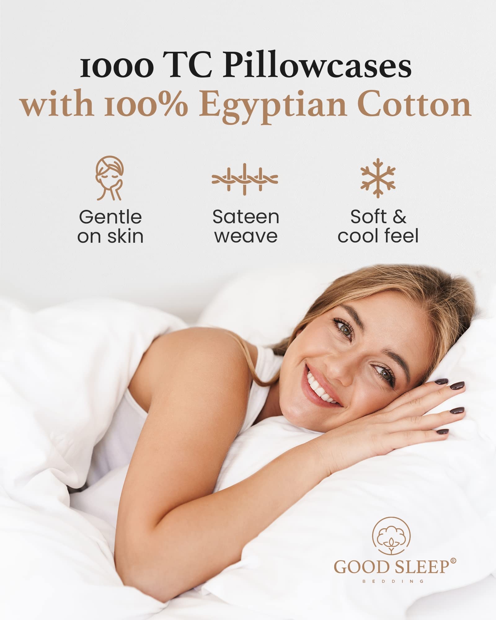 1000 TC White Standard Pillowcases Set of 2 100% Egyptian Cotton Pillow Cases with Long Staple Cotton & Sateen Weave, Silky Soft Hotel - Like Bed Pillow Covers for Comfy Sleeping, Snug Fit