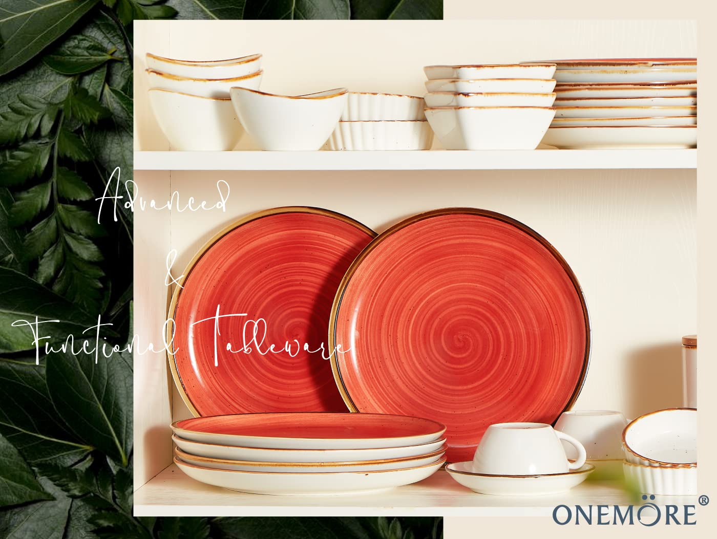 ONEMORE Dinner Plate, 10.5 Inch Porcelain Dinnerware Set/Oven, Dishwasher and Microwave Safe/Farmhouse Style/Stackable and Easy to Clean (Set of 6, Red)
