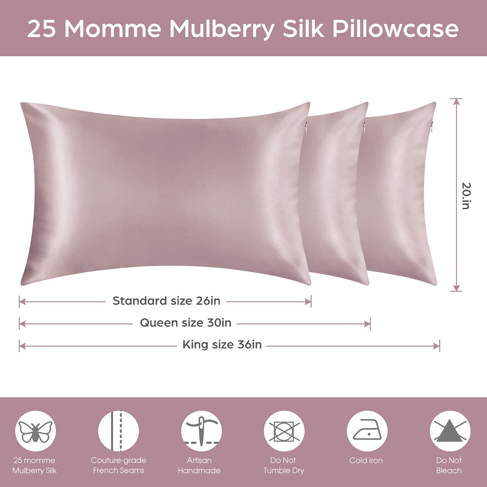 Veaken Silk Pillowcase for Hair and Skin, 2 Pack 100% Mulberry Silk Pillowcase 25 Momme, 600 Thread Count, Both Side Pure Silk Pillow Cover with Hidden Zipper (ApricotGray, Queen 20''×30'')