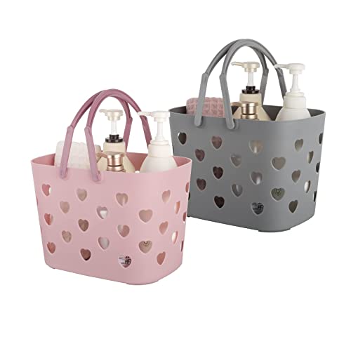 Anyoifax 2 Pack Portable Shower Caddy Tote Plastic Storage Basket with Handle Box Organizer Bin for Bathroom, Pantry, Kitchen, College Dorm, Garage, Set of 2 - Pink & Grey