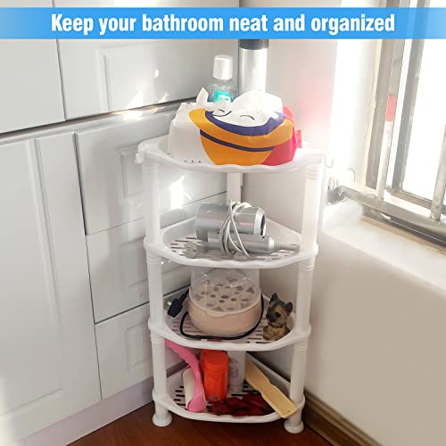 4-Tier Standing Corner Shower Caddy - 4 Shelf Plastic Bathroom Corner Stand with Drainage Holes & Hooks Plastic Shower Organizer Corner Standing Stand Up Bathtub Shower Shelf for Bathroom Living Room
