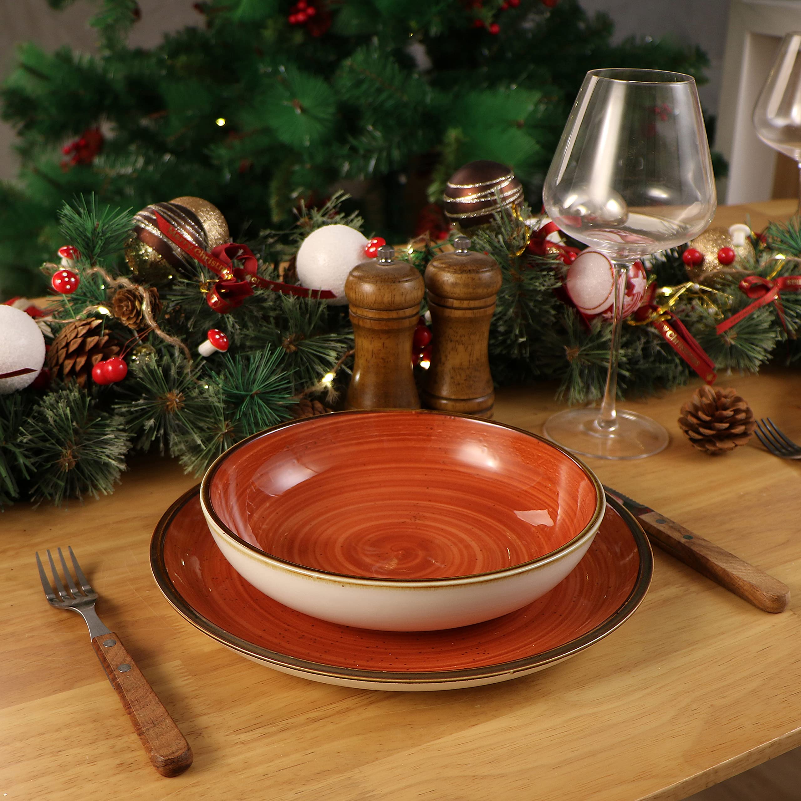 ONEMORE Dinner Plate, 10.5 Inch Porcelain Dinnerware Set/Oven, Dishwasher and Microwave Safe/Farmhouse Style/Stackable and Easy to Clean (Set of 6, Red)