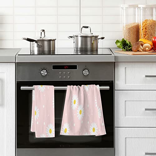 Pink Daisy Hand Towels Set of 2, Highly Absorbent Soft Cotton Face Towels Bathroom Decorative Towel for Beach Gym Spa Shower, 16x28In