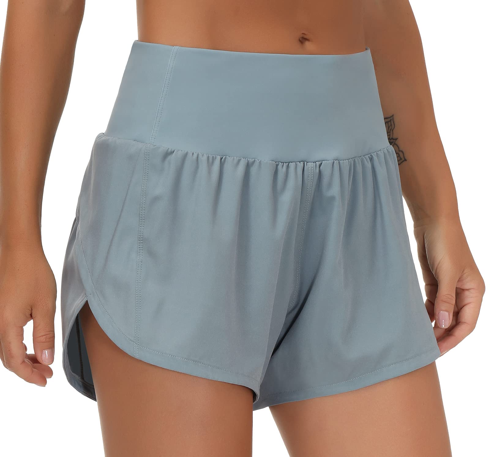 THE GYM PEOPLE Womens High Waisted Running Shorts Quick Dry Athletic Workout Shorts with Mesh Liner Zipper Pockets (Denim Blue, Large)