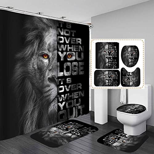 Dia Magico 4PCS Lion Shower Curtain Set, Inspirational Quotes Majestic Lion King African Wildlife Safari Wild Animal Cool Men Bathroom Decor, Waterproof Fabric Black Shower Curtain, Non-Slip Bath Mat