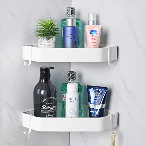 JYL HOME Corner Shower Caddy Bathroom Kitchen Storage Organizer with Hooks Wall Mounted Heavy Duty Aluminum, 2-Pack, White