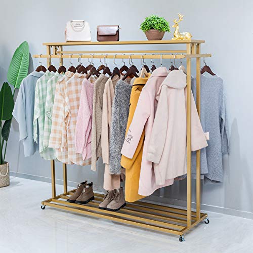 Metal Clothing Rack Standing Garment Rack Boutique Rolling Display Rack Closet Organizer 63'' (Gold)