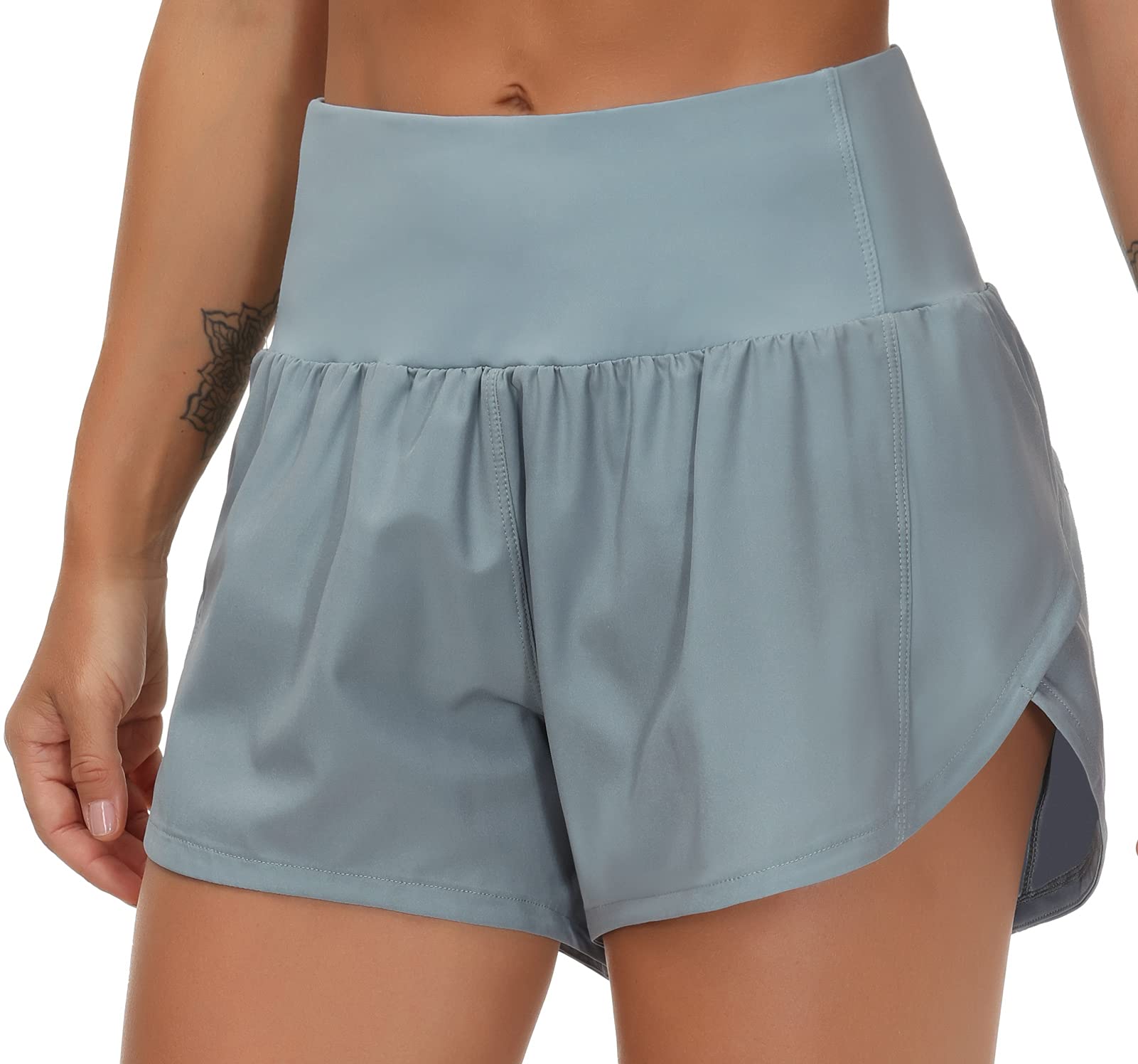 THE GYM PEOPLE Womens High Waisted Running Shorts Quick Dry Athletic Workout Shorts with Mesh Liner Zipper Pockets (Denim Blue, Large)