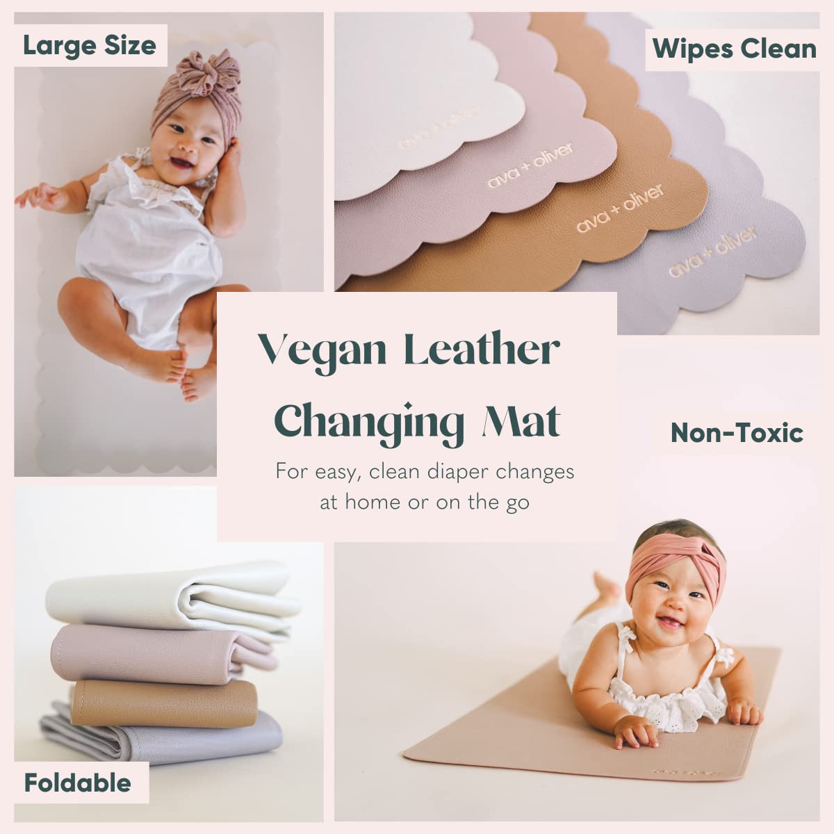 Ava + Oliver Vegan Leather Baby Changing Mat (16 X 30 in) - Multipurpose Wipeable and Portable Diaper Changing Mat - Foldable Travel Changing Mat (Tan Scallop)