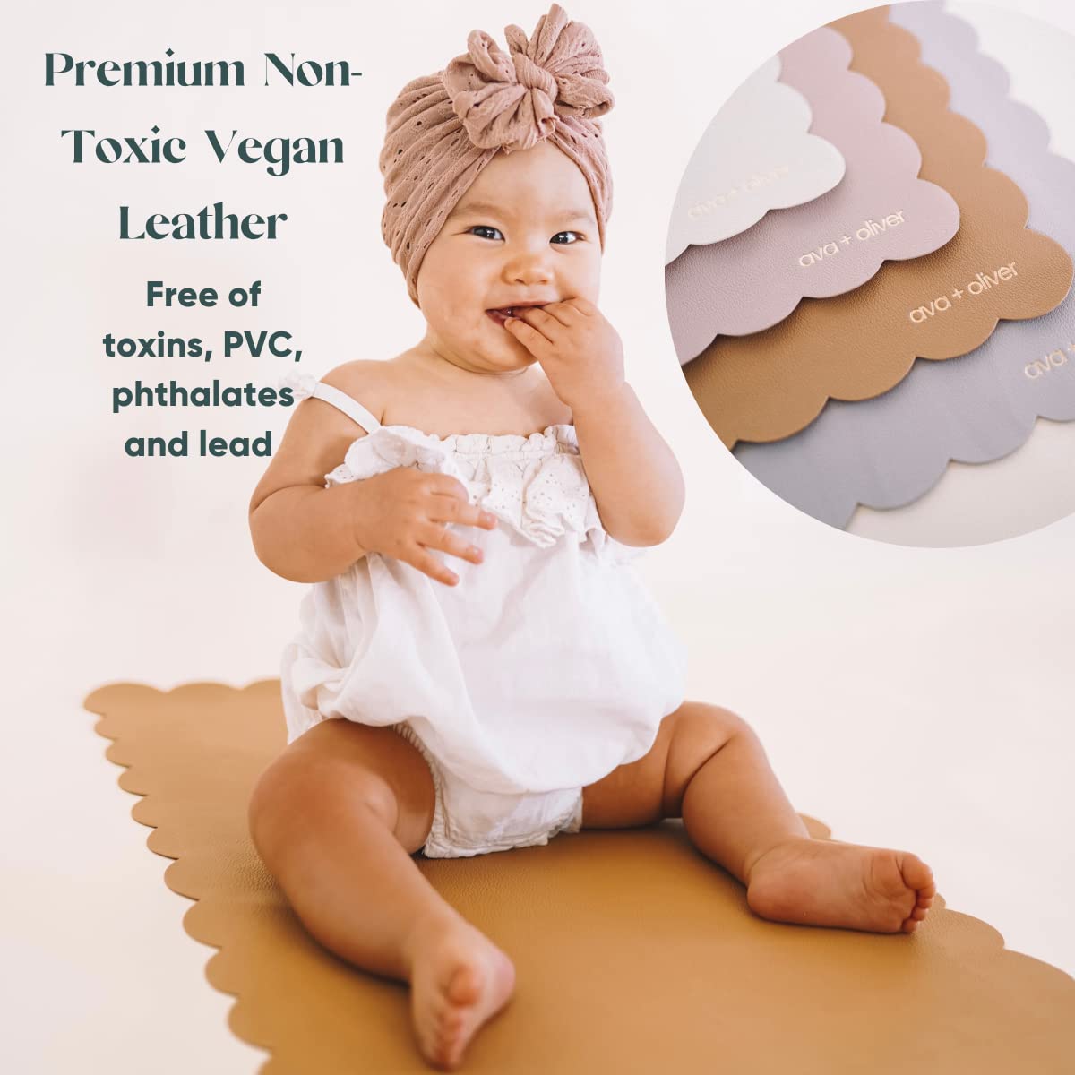 Ava + Oliver Vegan Leather Baby Changing Mat (16 X 30 in) - Multipurpose Wipeable and Portable Diaper Changing Mat - Foldable Travel Changing Mat (Tan Scallop)