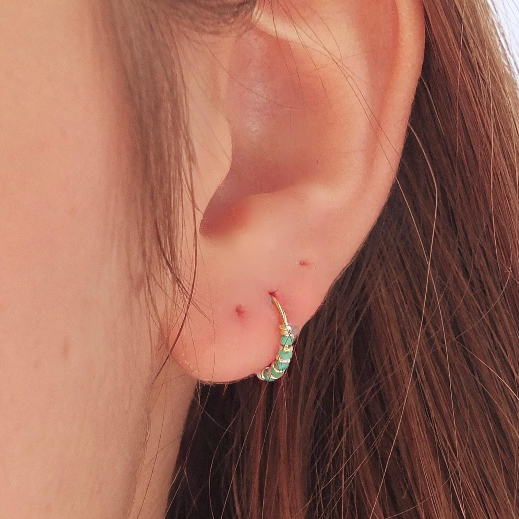 Handmade Gold Pair Small 10MM Cartilgae Helix Piercing Turquoise Beaded Hoop Earrings, Gold Plated over Sterling Silver Thin 22Gauge Beads Hoops for women, By Miya Jewelry