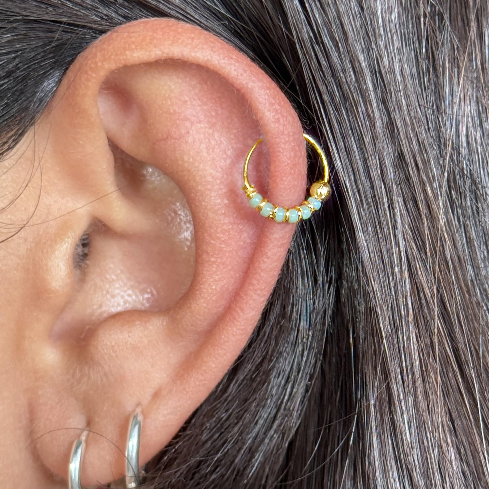Handmade Gold Pair Small 10MM Cartilgae Helix Piercing Turquoise Beaded Hoop Earrings, Gold Plated over Sterling Silver Thin 22Gauge Beads Hoops for women, By Miya Jewelry