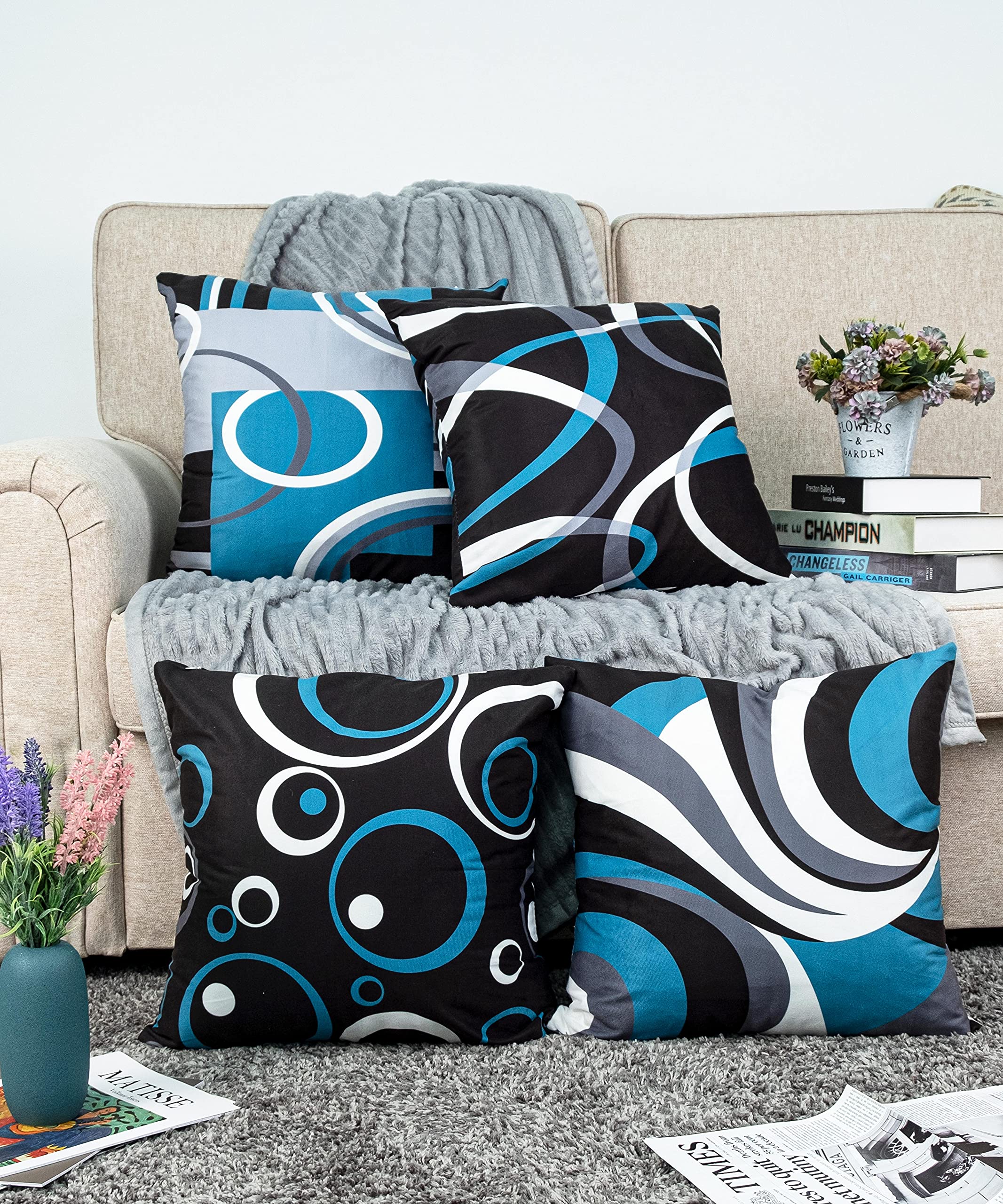 D DIFARIC Blue and Black Throw Pillow Covers 18x18 Inches Set of 4 Decor Decorative Throw Pillow Cover Abstract Modern Geometric Teal Square Cushion Cases for Sofa Bed Couch