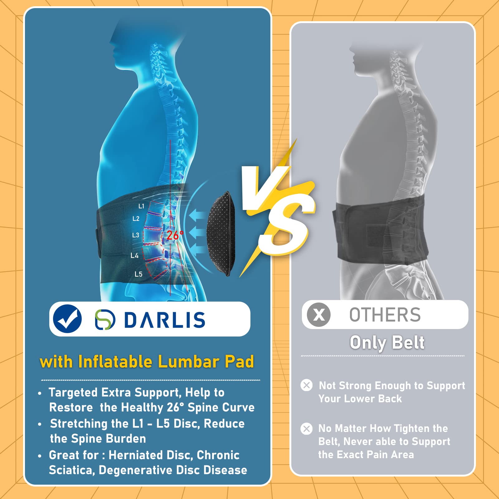 DARLIS Back Support Belt with Inflatable Lumbar Pad - Extra Support for Lower Back Pain Relief, Herniated Disc, Sciatica, Scoliosis, Adjustable Support Straps - Back Brace for Men Women S/M 32"- 39"