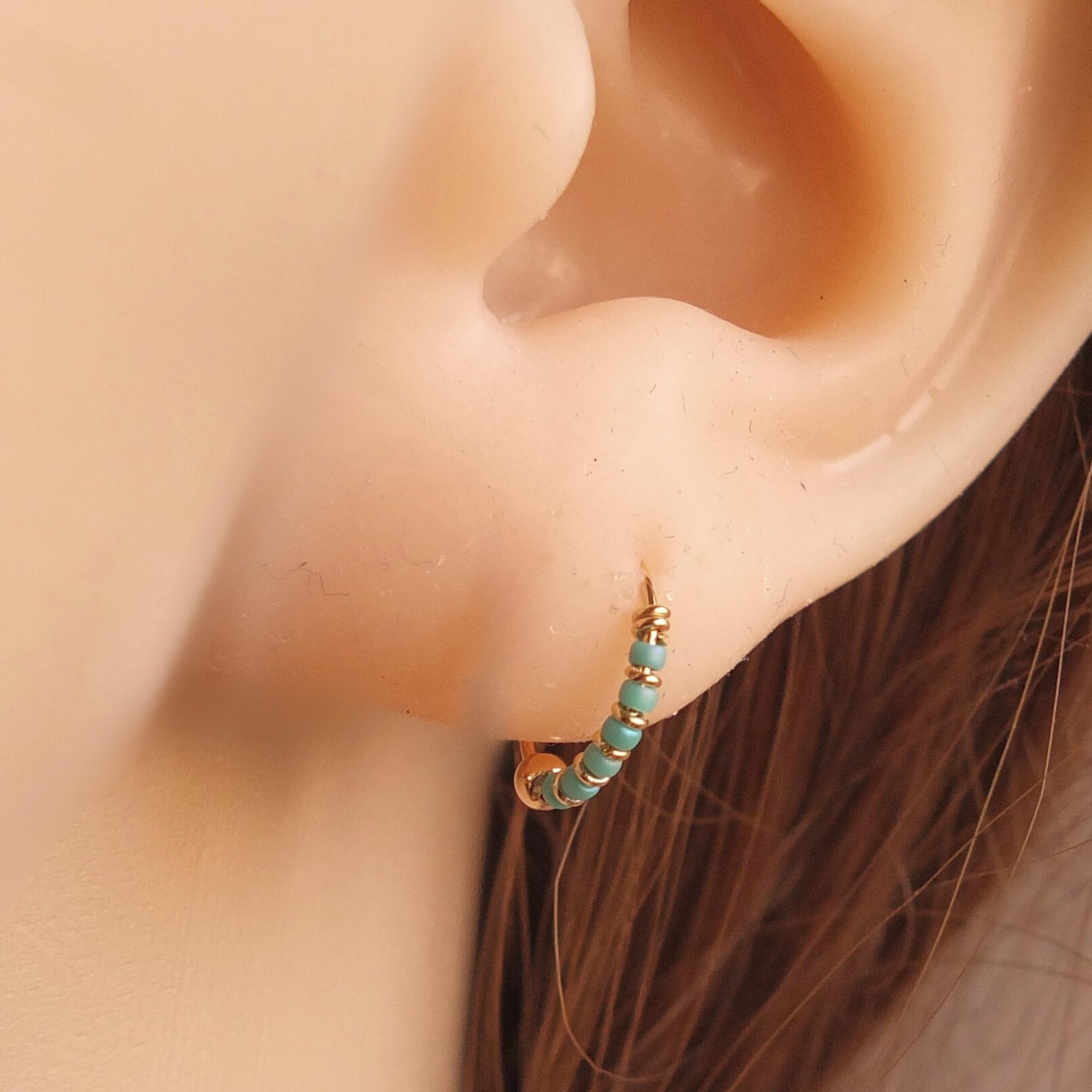 Handmade Gold Pair Small 10MM Cartilgae Helix Piercing Turquoise Beaded Hoop Earrings, Gold Plated over Sterling Silver Thin 22Gauge Beads Hoops for women, By Miya Jewelry