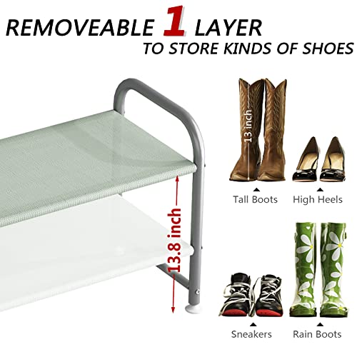 INGIORDAR 2 Tier Long Shoe Rack Wide Shoe Shelf Organizer and Storage for Floor Entryway Closet Shoe Stackable Wide Shelf Holds 12 Pairs of Sneakers Women Heels Boots, Grey