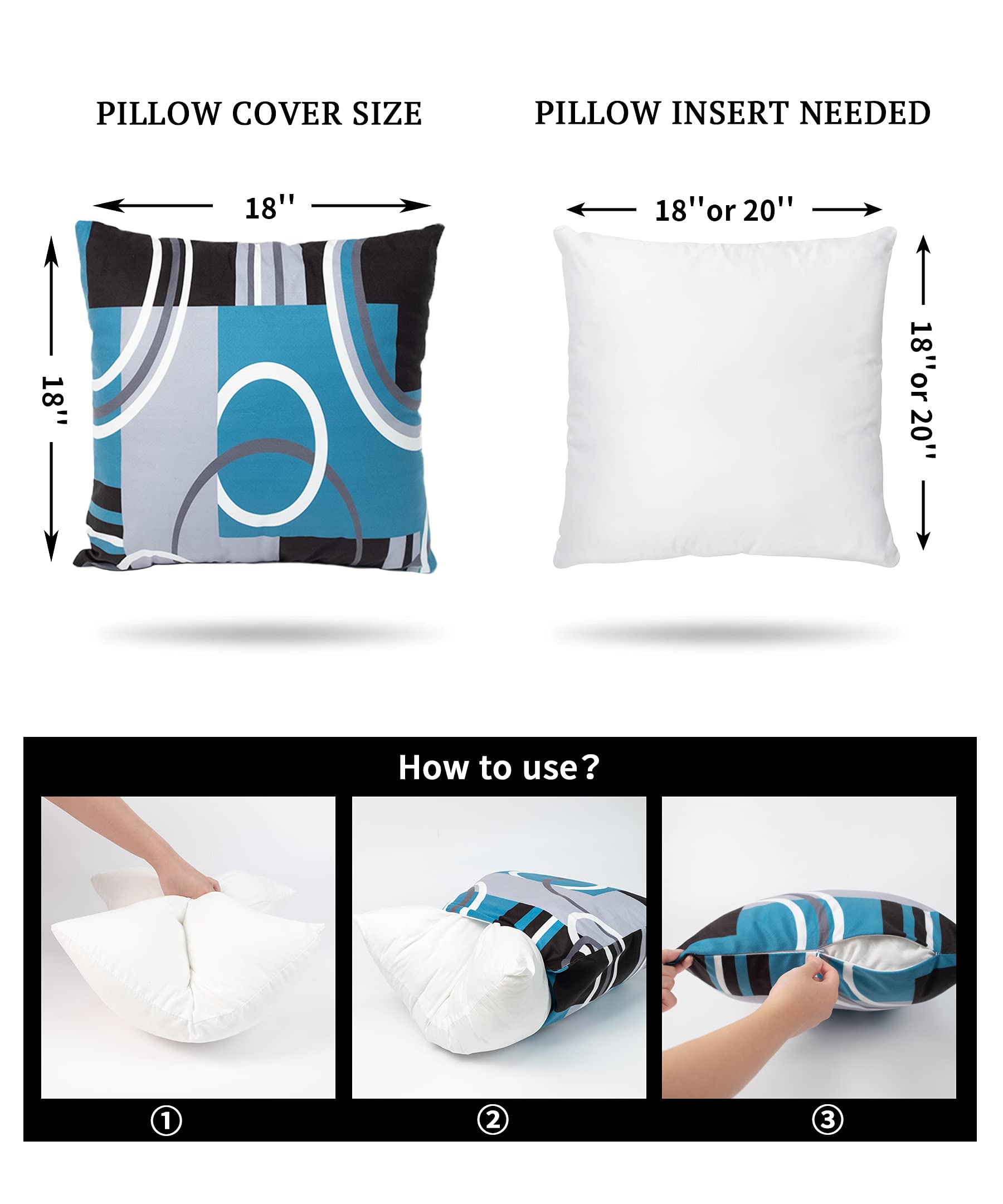 D DIFARIC Blue and Black Throw Pillow Covers 18x18 Inches Set of 4 Decor Decorative Throw Pillow Cover Abstract Modern Geometric Teal Square Cushion Cases for Sofa Bed Couch