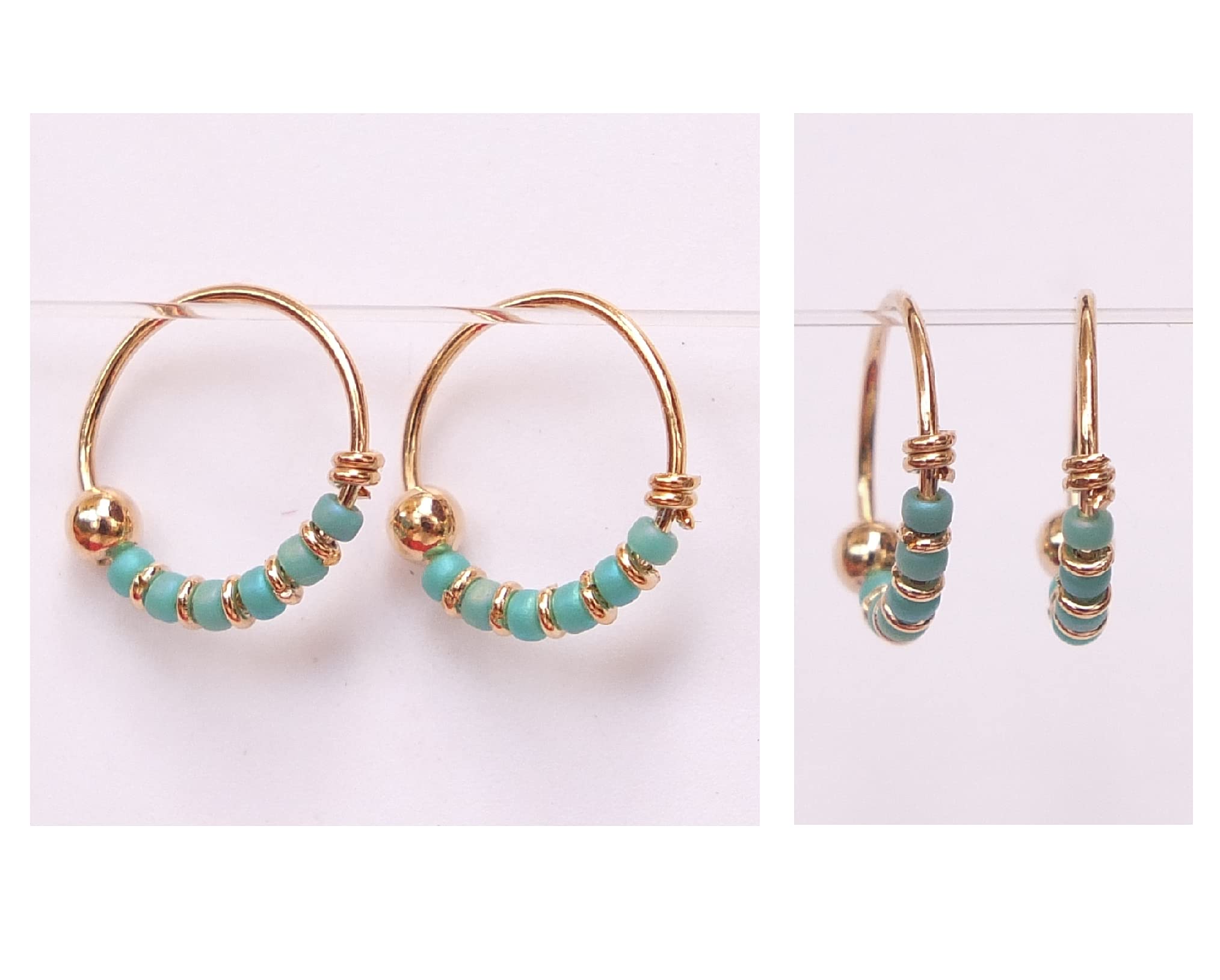 Handmade Gold Pair Small 10MM Cartilgae Helix Piercing Turquoise Beaded Hoop Earrings, Gold Plated over Sterling Silver Thin 22Gauge Beads Hoops for women, By Miya Jewelry